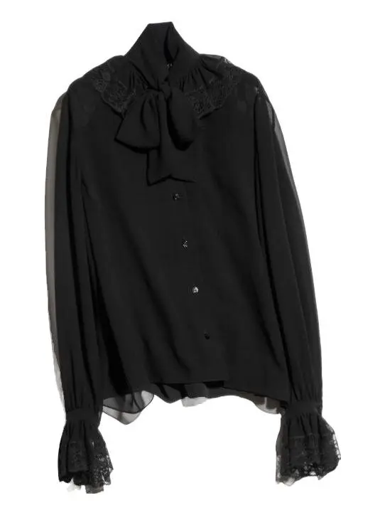 Gucci Light Silk Georgette Shirt With Lace Trim - Black