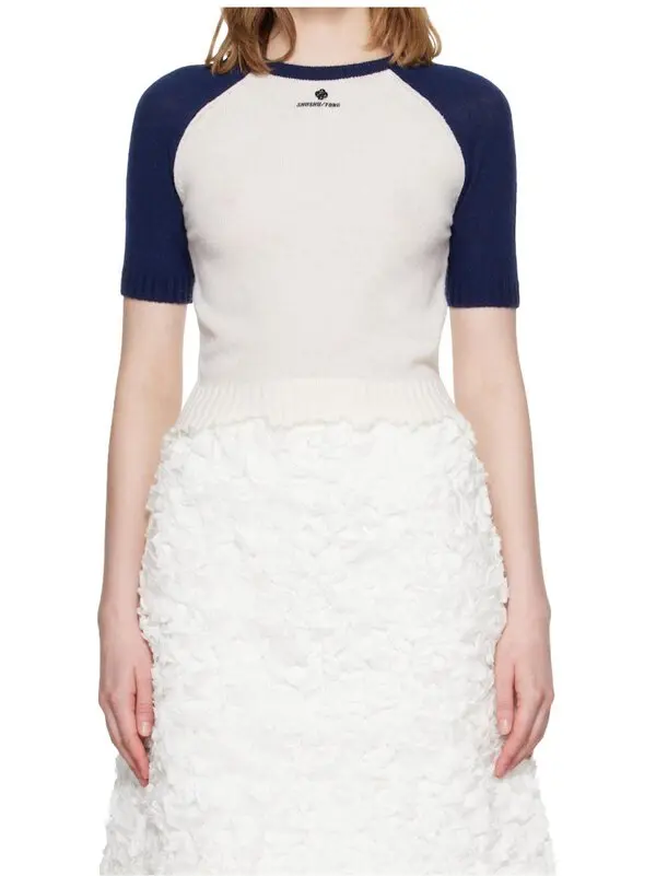 SHUSHU/TONG Short-sleeved Knit Top With Distressed Hem - White And Navy Blue