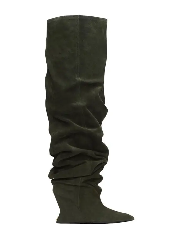 Balmain Suede Leather Wedge Thigh-high Boots - Khaki