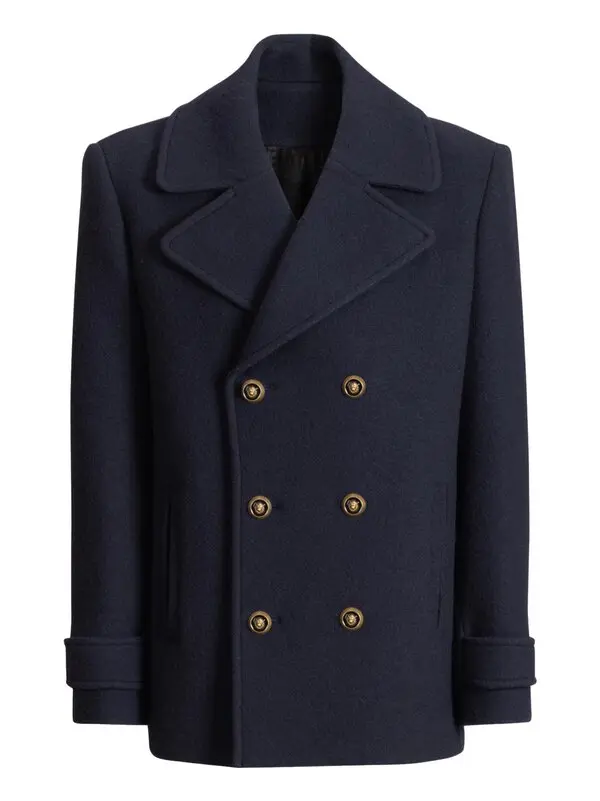 Balmain Double-breasted Wool Pea Coat - Navy Blue