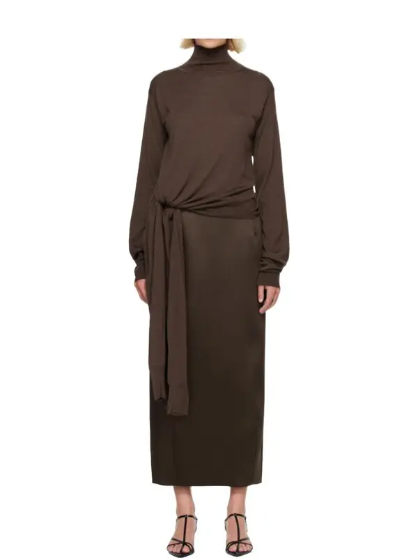 RÓHE High Neck Ribbed Knit Turtleneck Sweater With Integrated Tie Detail - Brown