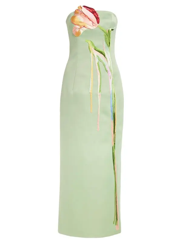 LEO LIN Floral Appliqué Maxi Dress - Green