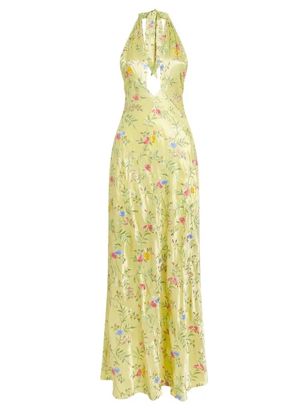 Rixo Floral Embroidered Satin Halterneck Maxi Dress - Green