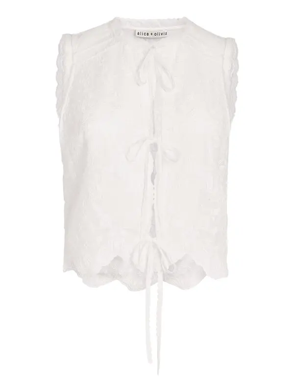 Alice + Olivia Cotton Embroidered Cropped Blouse With Front Tie Detail - Ivory