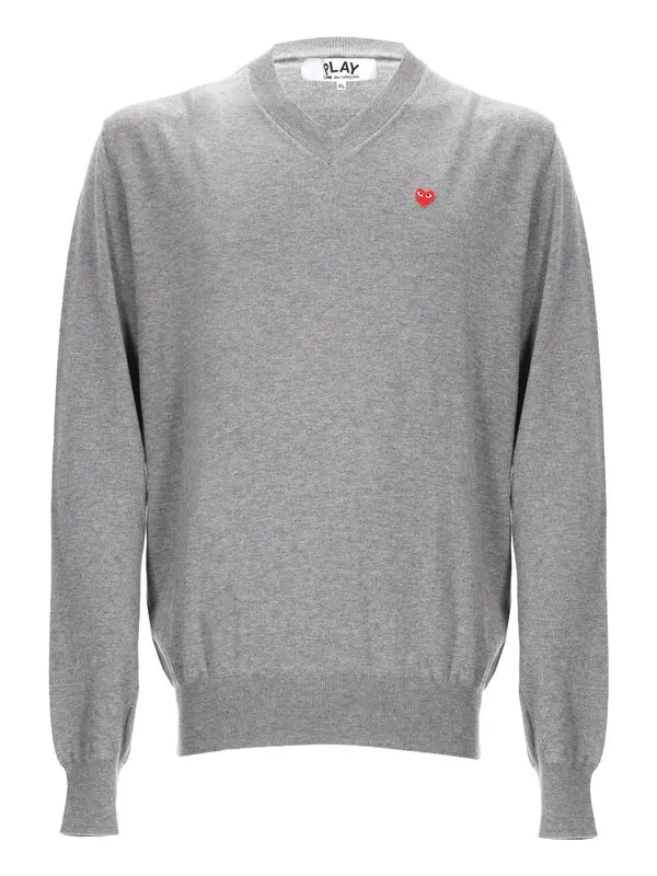 Play Comme Des Garcon Comme Des Garçons Play Cotton V-neck Sweater With Logo Patch - Grey