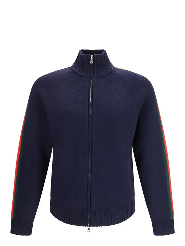 Gucci Knitted Wool Zip-up Jacket With Shearling Interior And Web Trims - Blue
