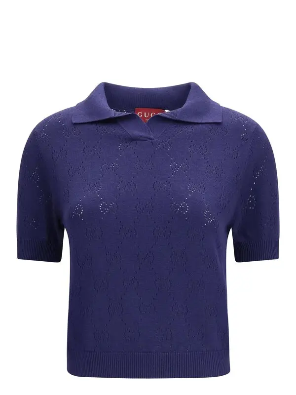 Gucci Gg Pointelle Cotton Silk Polo Shirt - Blue
