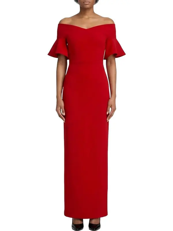 Solace London Off-the-shoulder Ruffle Sleeve Gown - Red