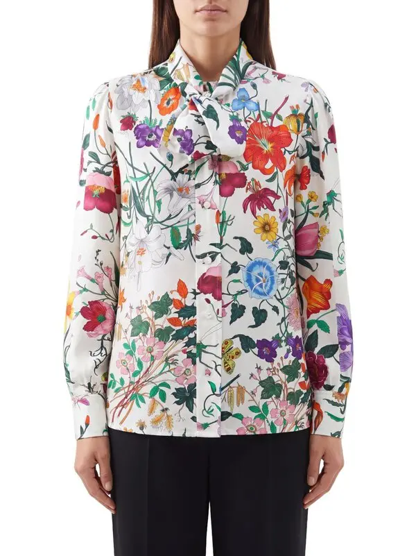 Gucci Printed Silk Bow Blouse - Red
