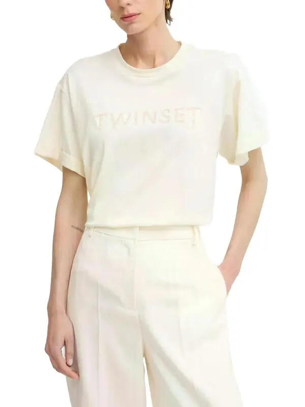 TWINSET Logo Embroidered Rolled Cuff T-shirt - Neutrals