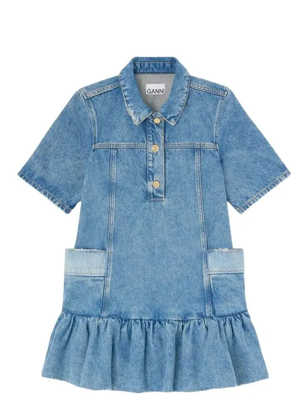 GANNI Denim Cotton Mini Dress With Ruffled Hem - Multicolor