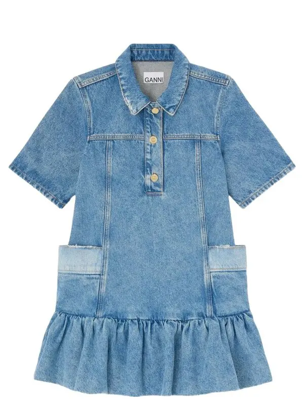 GANNI Denim Cotton Mini Dress With Ruffled Hem - Multicolor