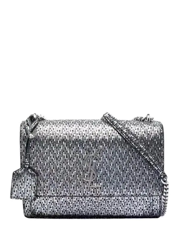 Saint Laurent Medium Metallic Woven Leather Monogram Sunset Crossbody Bag - Silver