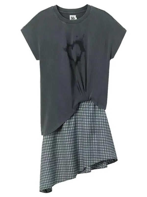 B+AB Check Pattern Asymmetric Dress - Grey