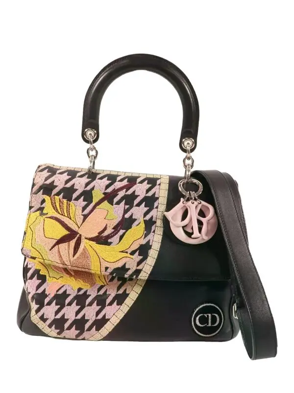 Dior Houndstooth Embroidered Floral Patch Tote Bag - Black