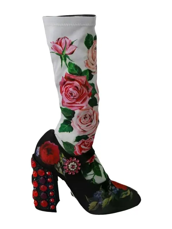 Dolce & Gabbana Floral Print Crystal Embellished Boots - White