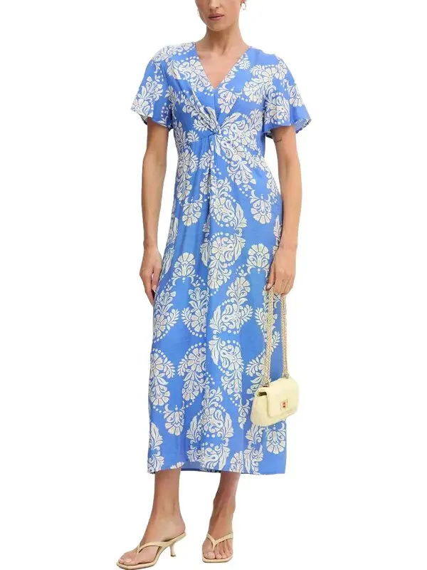LOLA CASADEMUNT Damask-print Twist-detail Midi Dress - Blue
