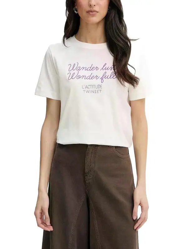 TWINSET Embroidered Slogan Print T-shirt - Neutrals