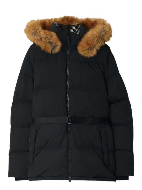 Burberry Funnel Neck Zip-up Puffer Coat With Drawcord Waist And Hood - Black