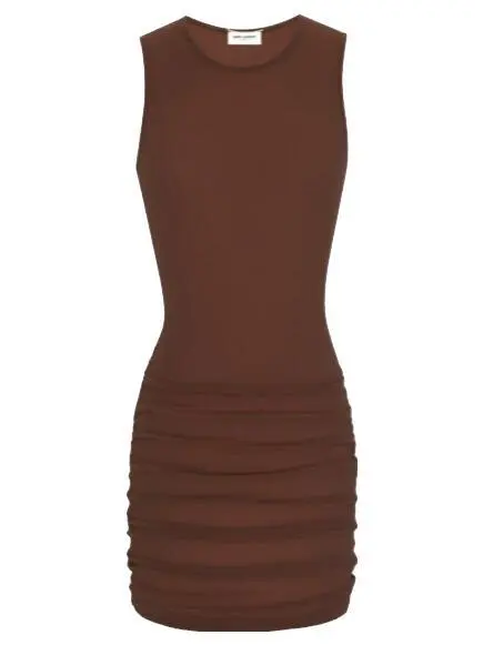 Saint Laurent Crewneck Ruched Mini Dress - Maroon