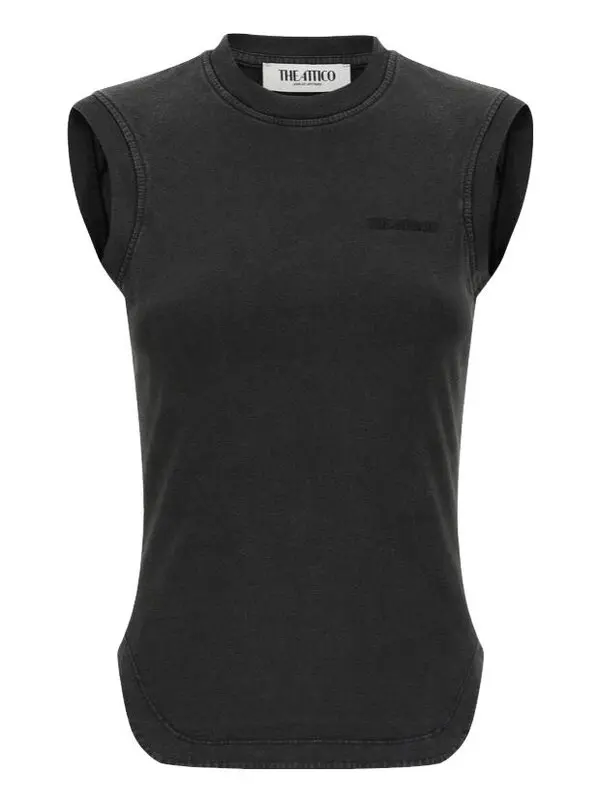 Attico Sleeveless Round Neck Top With Logo - Black