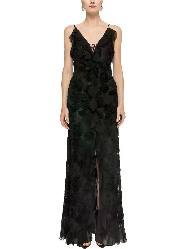 NISSA Floral Embroidered Ruffled Maxi Dress - Black
