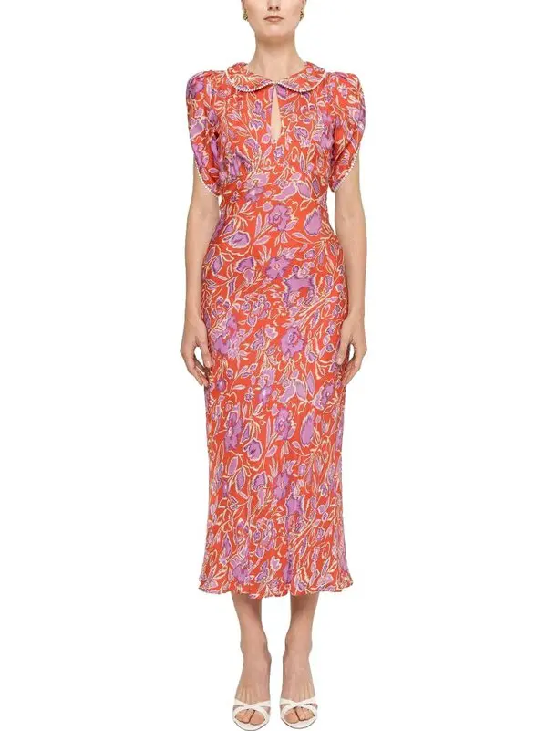NISSA Floral Print Midi Dress - Red