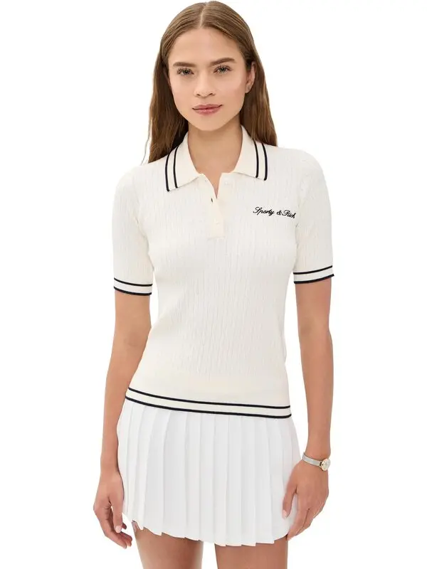 SPORTY & RICH Signature Logo Mini Cable Polo - Ecru/dark Navy