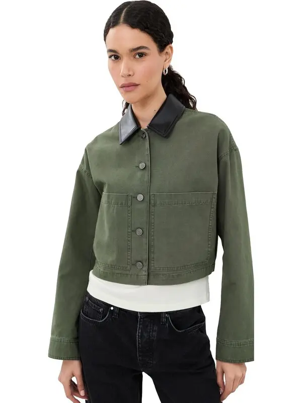 ANINE BING Yuma Cropped Jacket With Leather Collar - Army Green