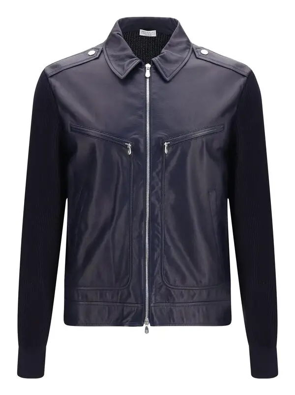Brunello Cucinelli Leather And Knit Jacket - Blue