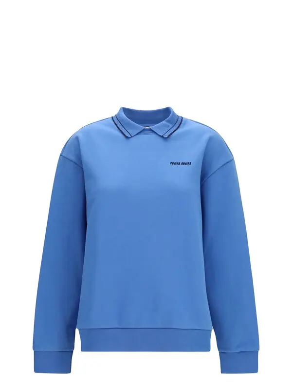 Miu Miu Crewneck Sweatshirt With Embroidered Logo And Collared Neckline - Blue