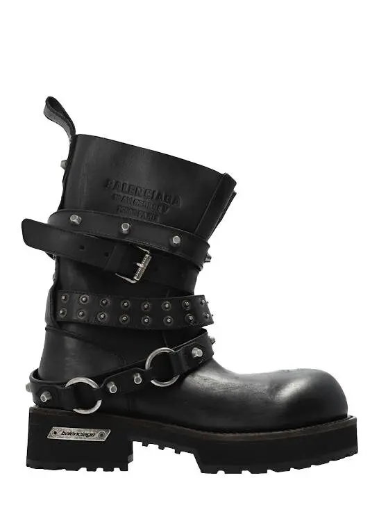 Balenciaga Studded Buckled Leather Boots - Black