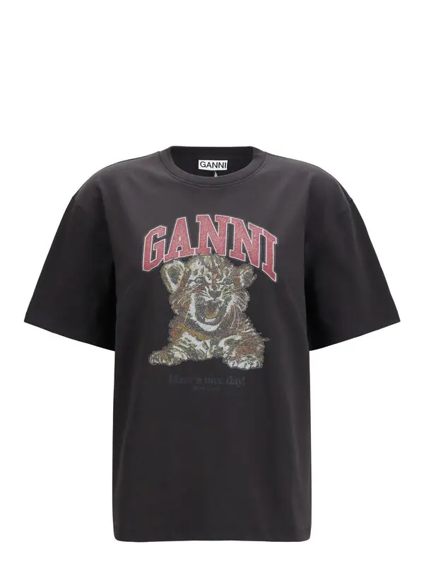 GANNI Tiger Graphic Cotton T-shirt - Black