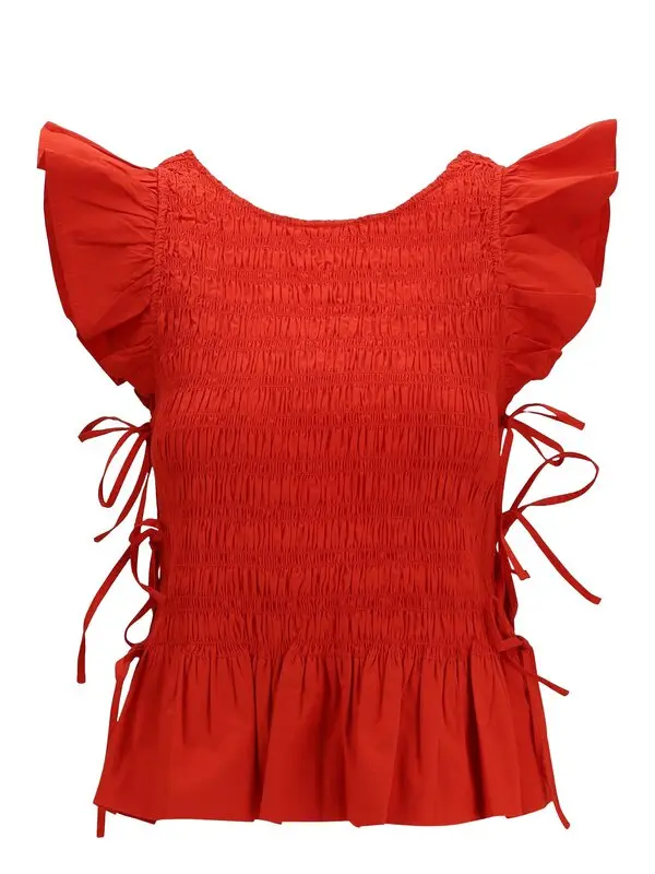 GANNI Ruched Cotton Top With Side Bows And Bell Sleeves - Red