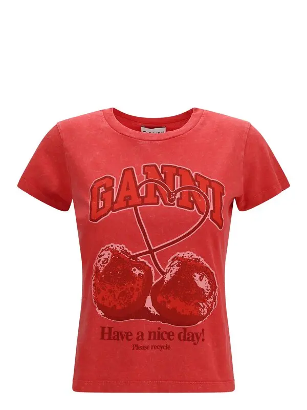 GANNI Have A Nice Day! Please Recycle" Cherry Graphic T-shirt - Red