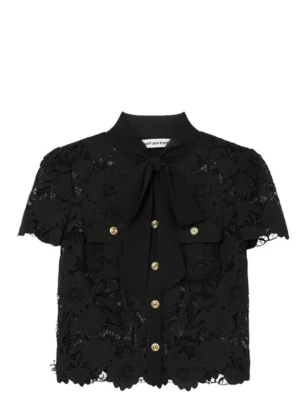 SELF-PORTRAIT Lace Tie Neck Top - Multicolor