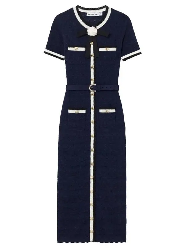 SELF-PORTRAIT Navy Cotton Knit Dress With Bow Detail And Pearl Embellished Buckle - Multicolor