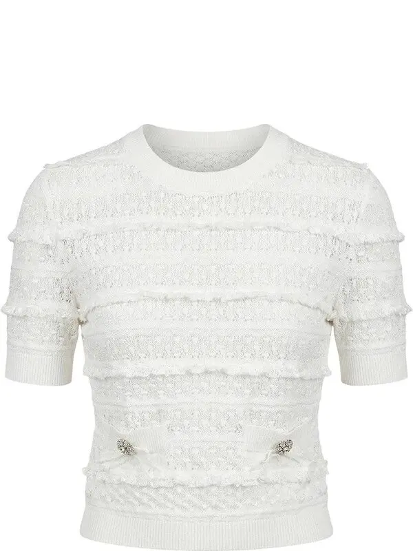 SELF-PORTRAIT Pointelle Knit Top With Ruffled Trim - Multicolor