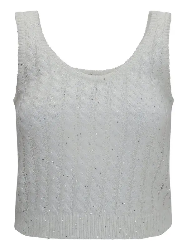 Brunello Cucinelli Linen Knit Tank Top With Sequins - White