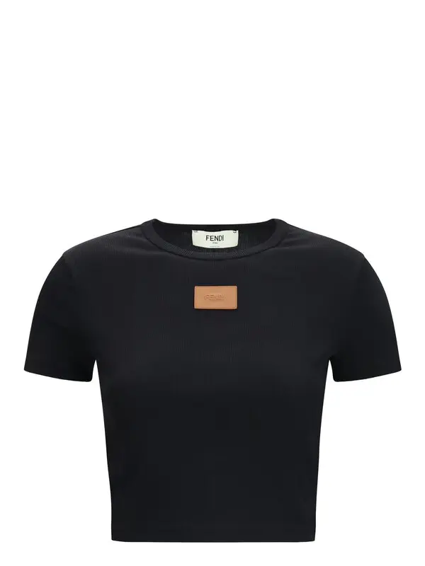 Fendi Cropped Ribbed Cotton T-shirt With Logo Patch - Black