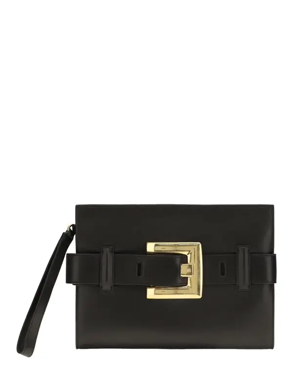 Balmain Anthem Leather Clutch With Gold-tone Buckle - Black