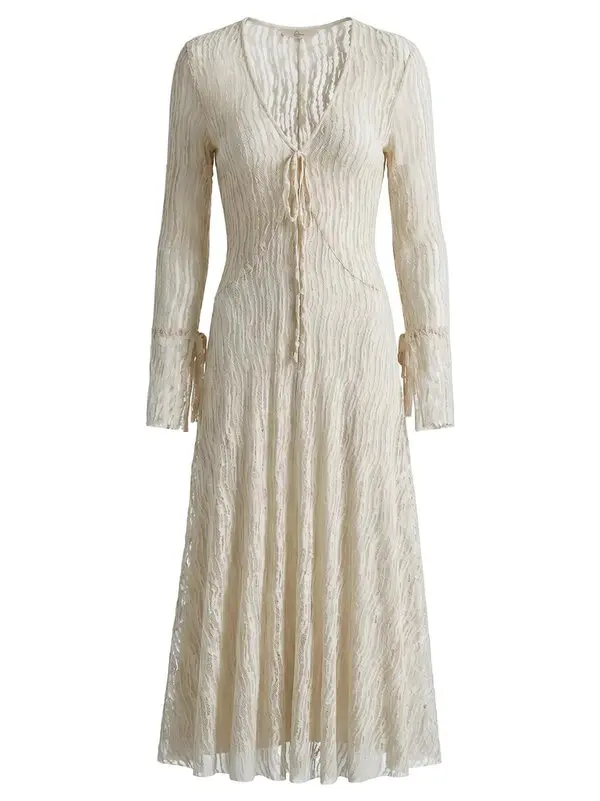 BELSIZE25 Flared Sleeve Sheer Lace Knit Trumpet Dress - White