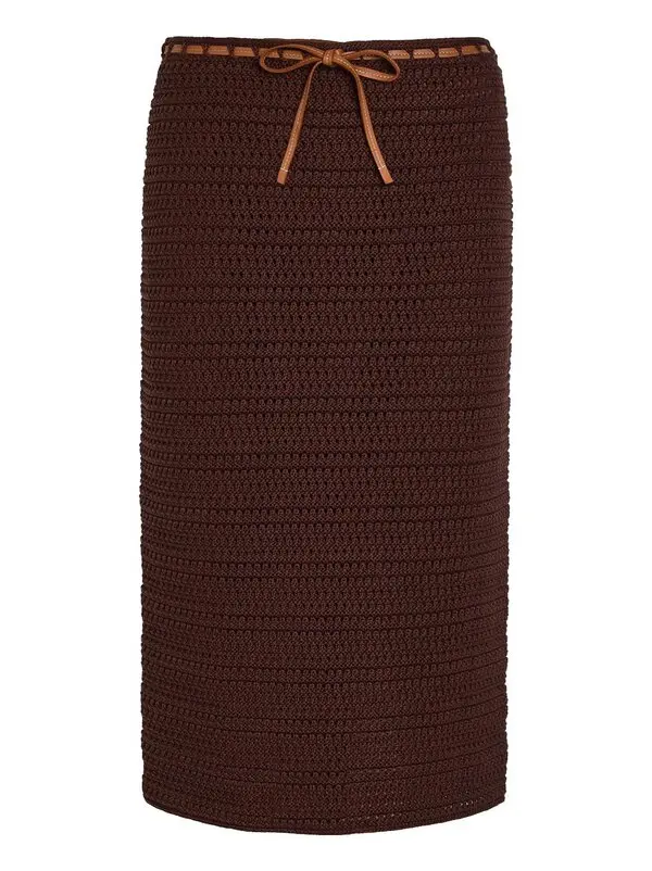 TOD'S Knit Cotton Midi Skirt With Detachable Leather Tie - Brown