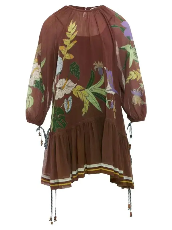 ALEMAIS Floral Print Ruffled Mini Dress - Brown