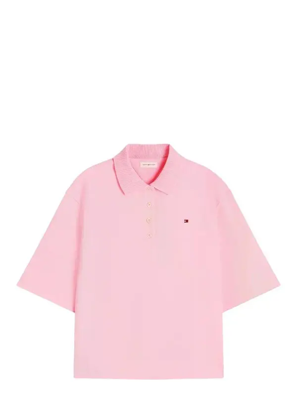 Tommy Hilfiger Embroidered Logo Ribbed Polo Top - Pink