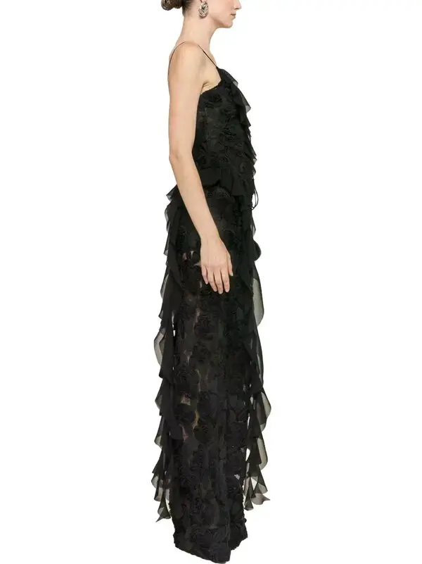 NISSA 3d Floral Embroidered Ruffled Top - Black