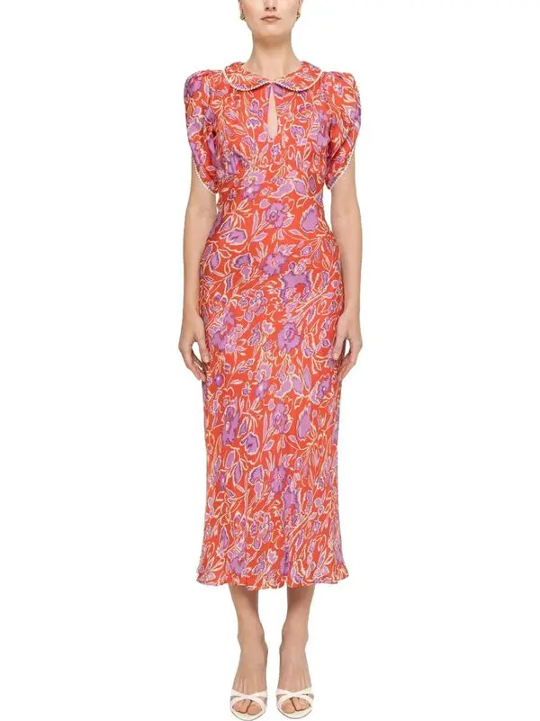 NISSA Floral Print Peter Pan Collar Midi Dress - Red
