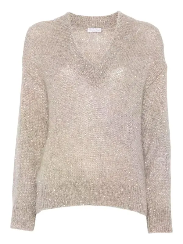 Brunello Cucinelli Sequin Embellished V-neck Sweater - Neutrals