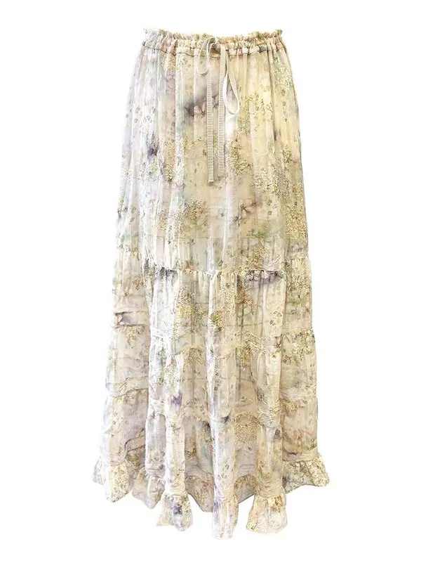Anna Sui Oasis Blooms Tiered Maxi Skirt - Yellow