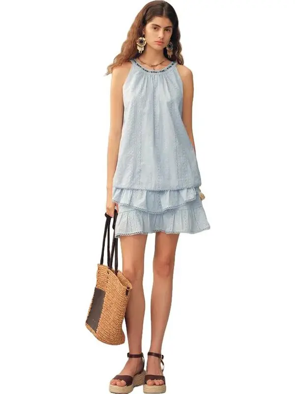 Fabrique Halter Neck Cotton Top With Natural Stone Accents - Blue
